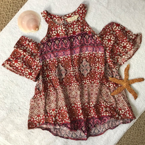 Elodie | Tops | 25 Cold Shoulder Flowy Patterned Blouse 2a | Poshmark